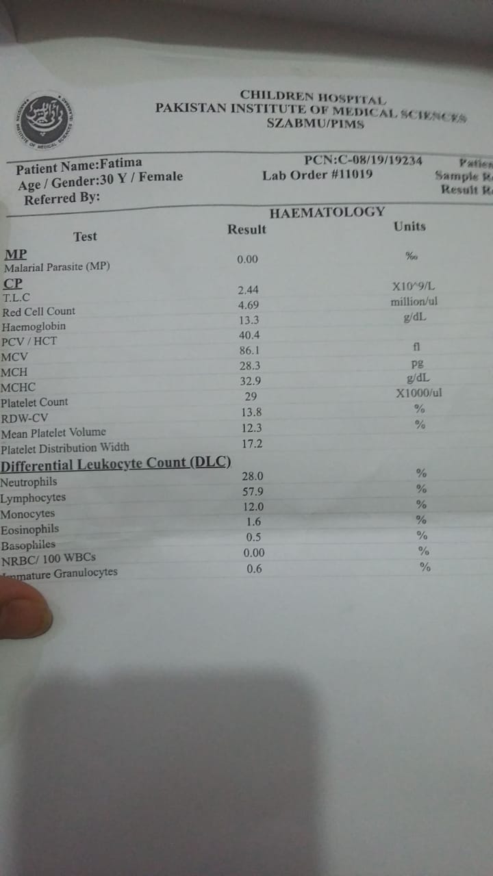 Ask a General Physician Online for Low Platelet And White Cells