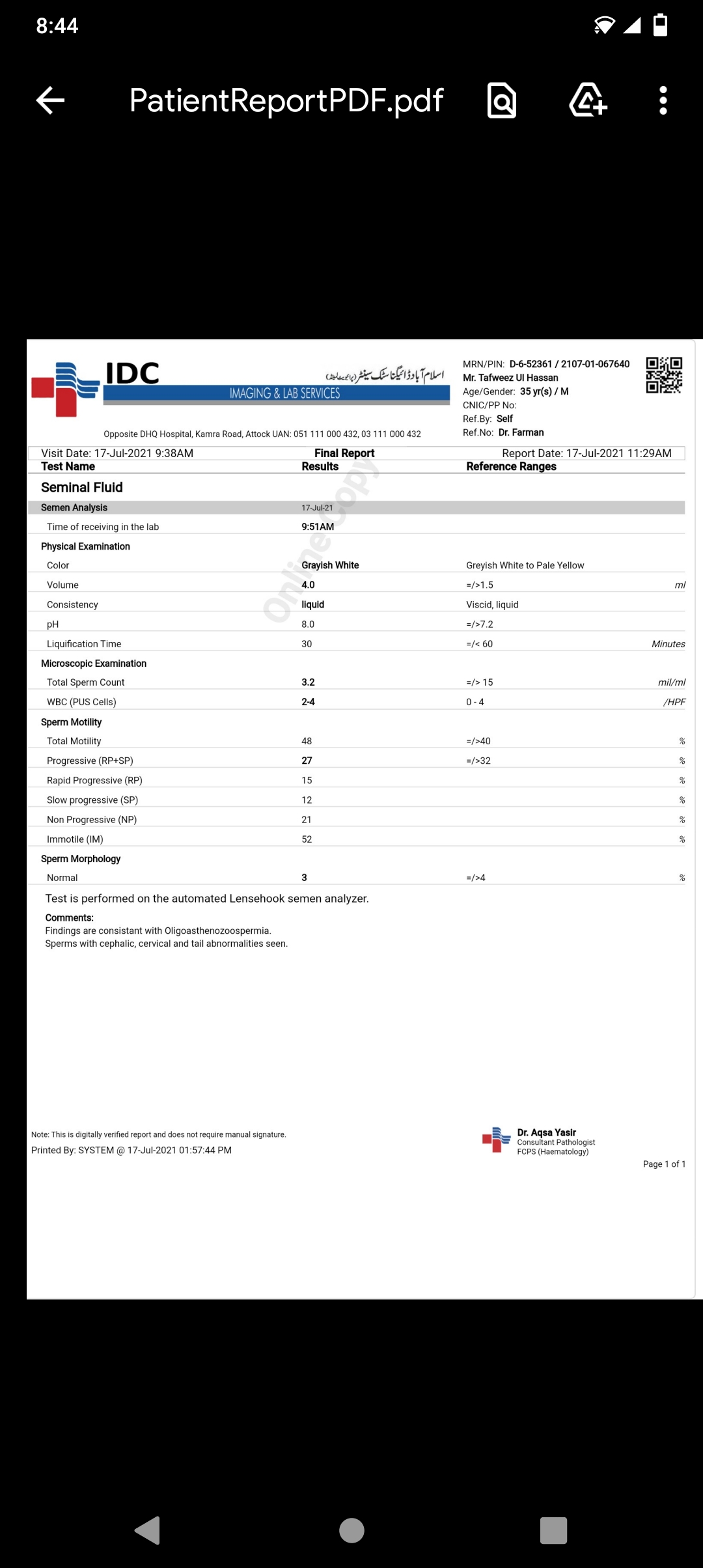 Ask a Urologist Online for Sperm Report