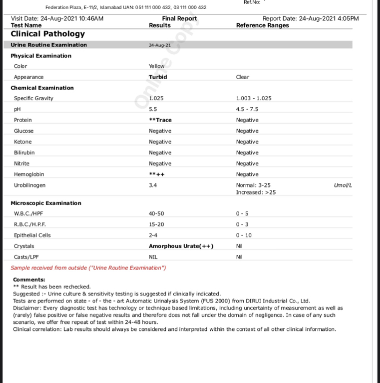Ask a Urologist Online for Urine Infection (test Report)