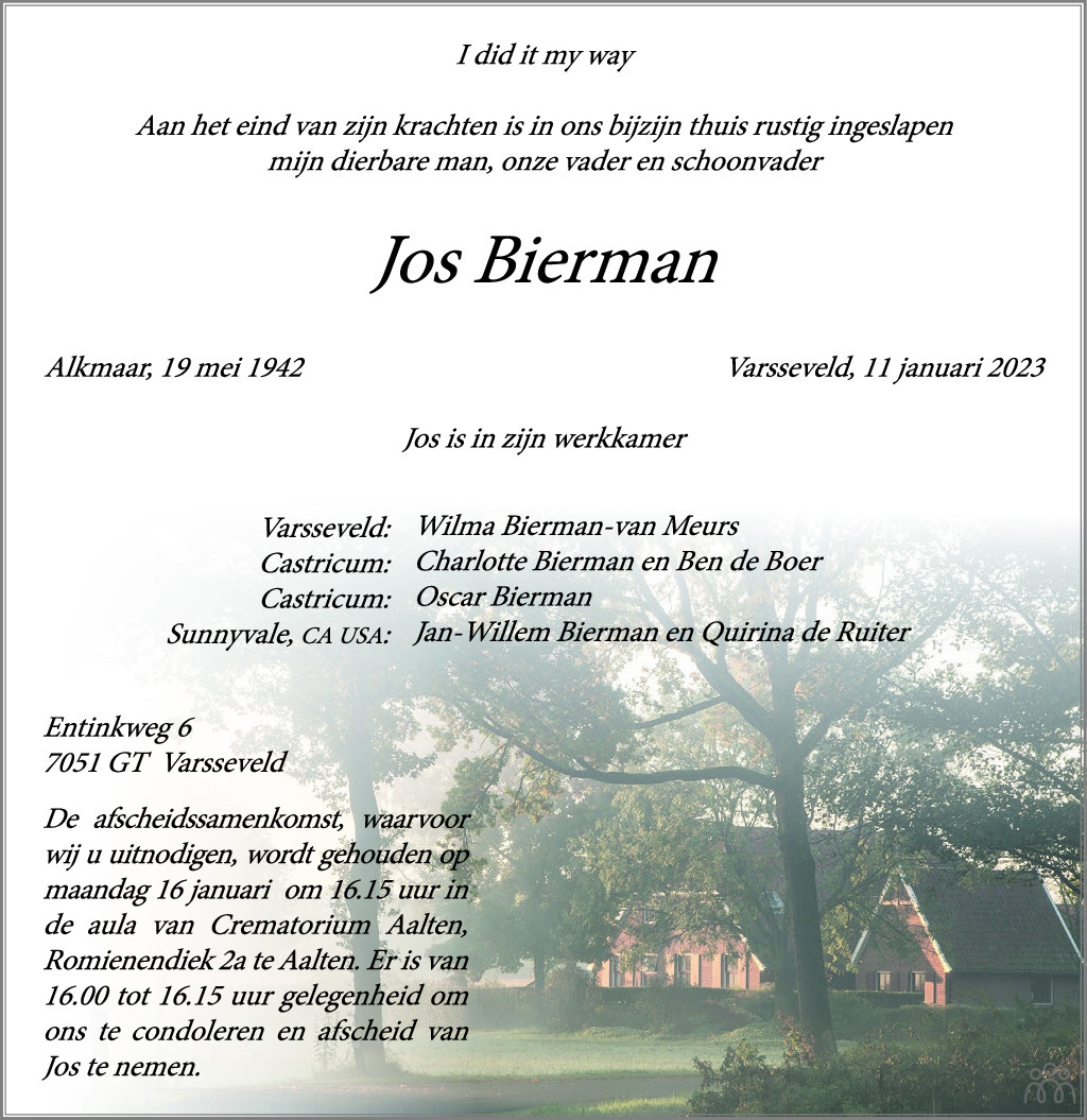 Jos Bierman 11 januari 2023 • overlijdensbericht en condoleances ...