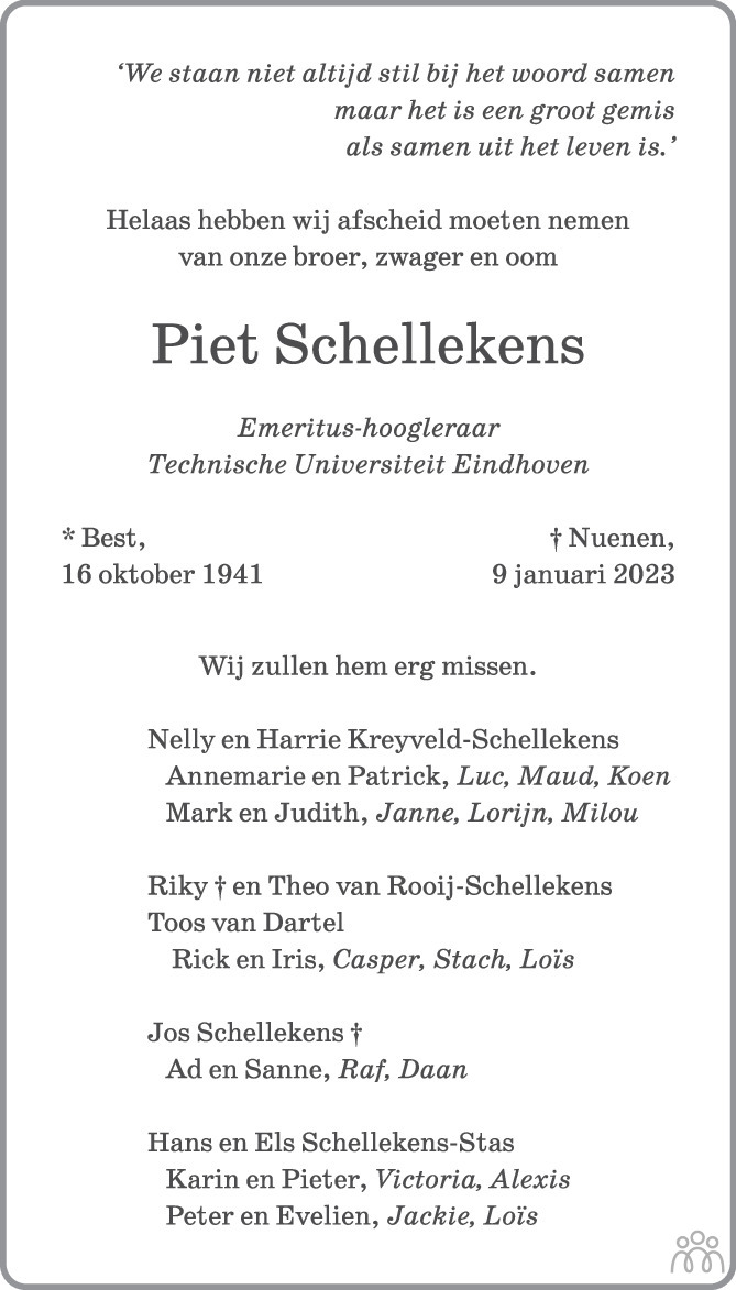 Piet Schellekens 9 januari 2023 • overlijdensbericht en condoleances ...