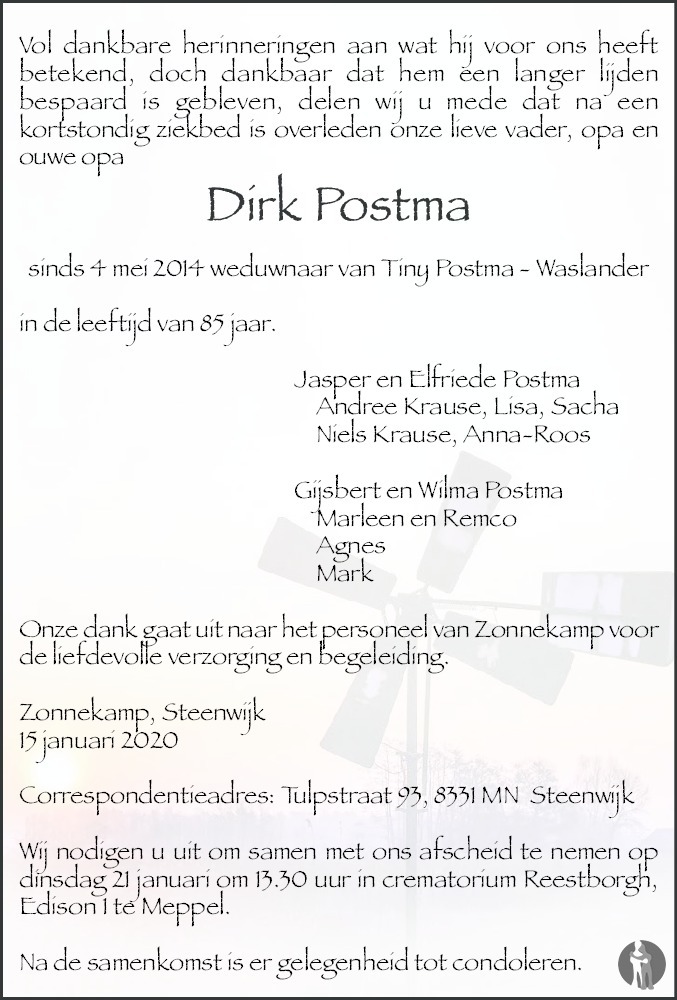 Dirk Postma 15 januari 2020 • overlijdensbericht en condoleances ...
