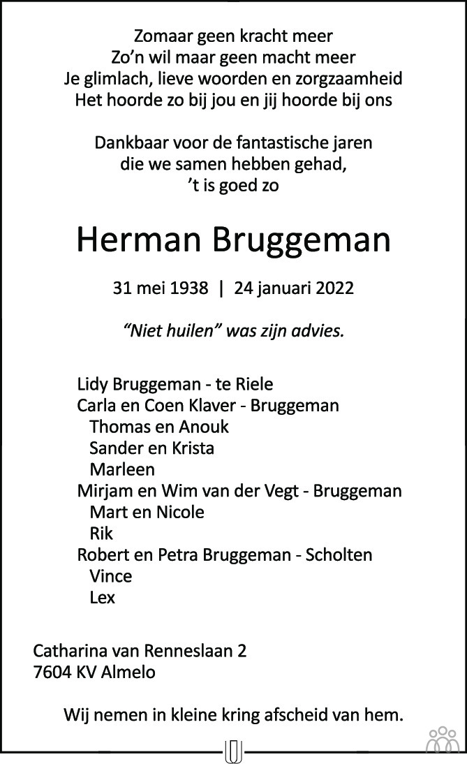 Herman Bruggeman 24 januari 2022 • overlijdensbericht en condoleances ...