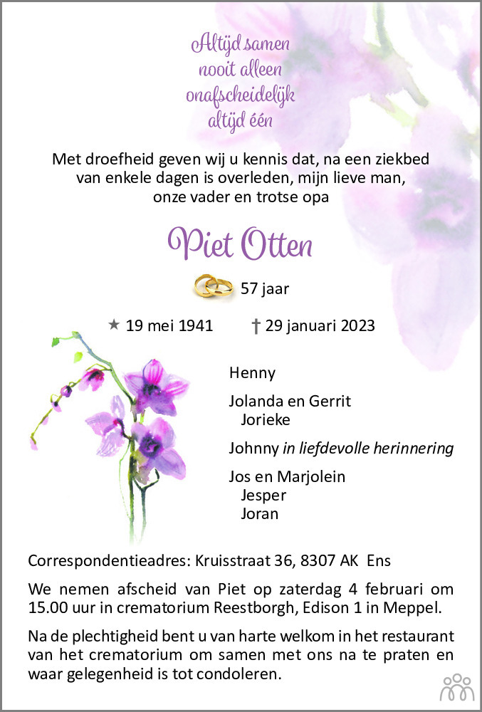 Piet Otten 29 januari 2023 • overlijdensbericht en condoleances ...