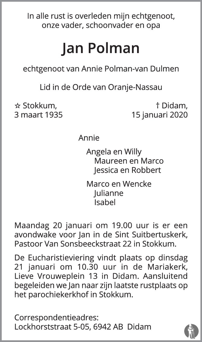 Jan Polman 15 januari 2020 • overlijdensbericht en condoleances ...