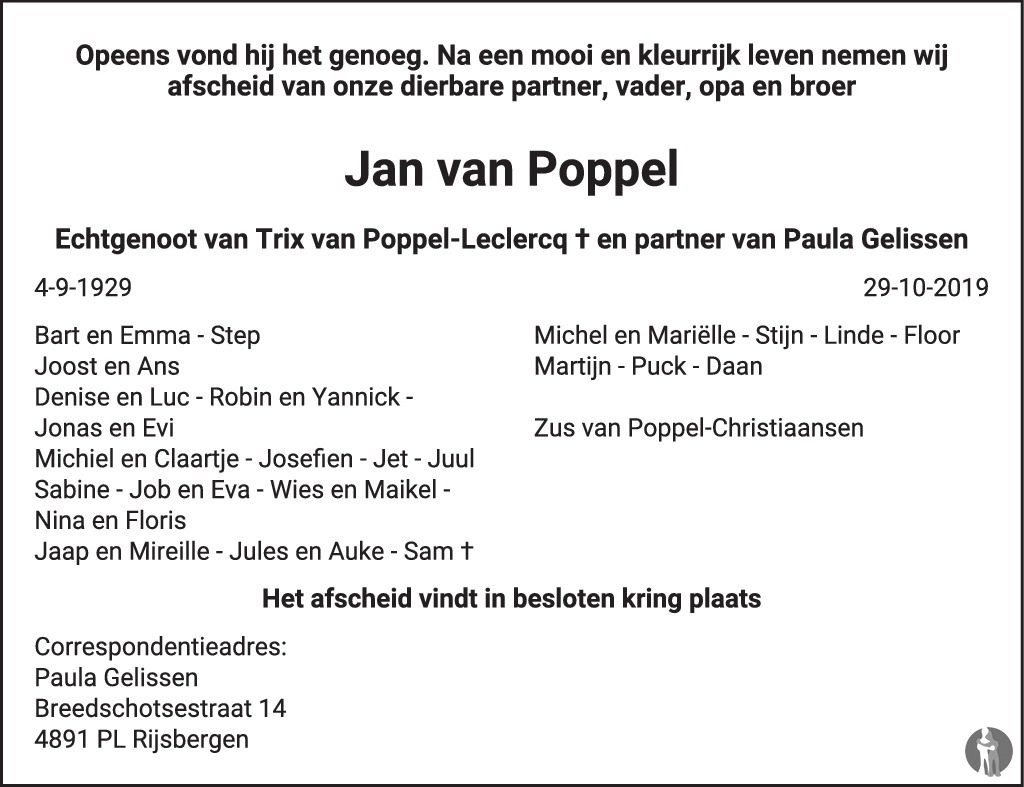 Jan van Poppel 29 oktober 2019 • overlijdensbericht en condoleances ...
