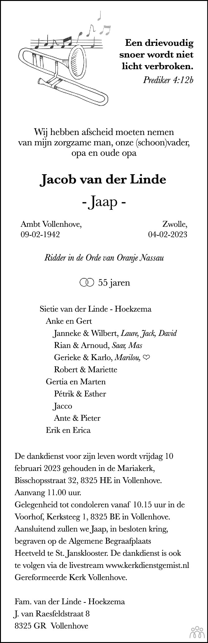 Jacob (Jaap) van der Linde 4 februari 2023 • overlijdensbericht en ...