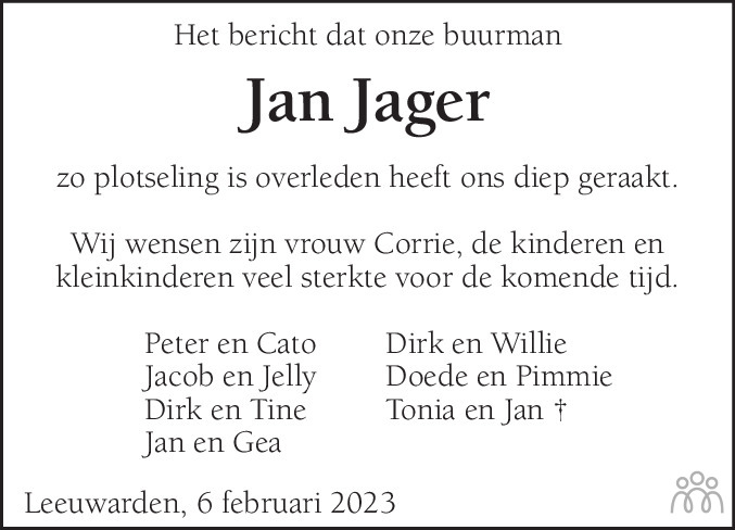 Jan Jager 6 februari 2023 • overlijdensbericht en condoleances - Mensenlinq