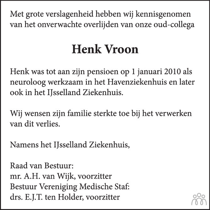 Henk Vroon 4 februari 2023 • overlijdensbericht en condoleances ...