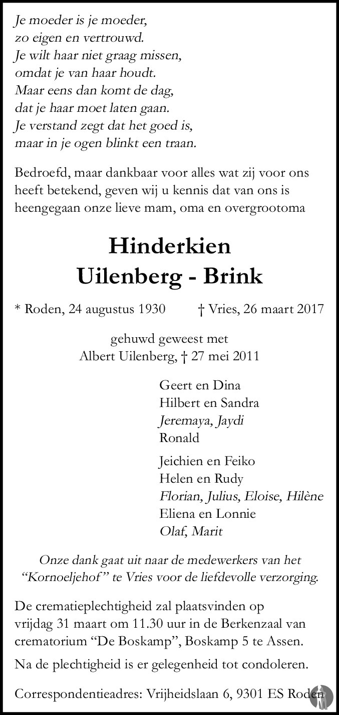 Hinderkien Uilenberg - Brink 26 maart 2017 • overlijdensbericht en condoleances - Mensenlinq