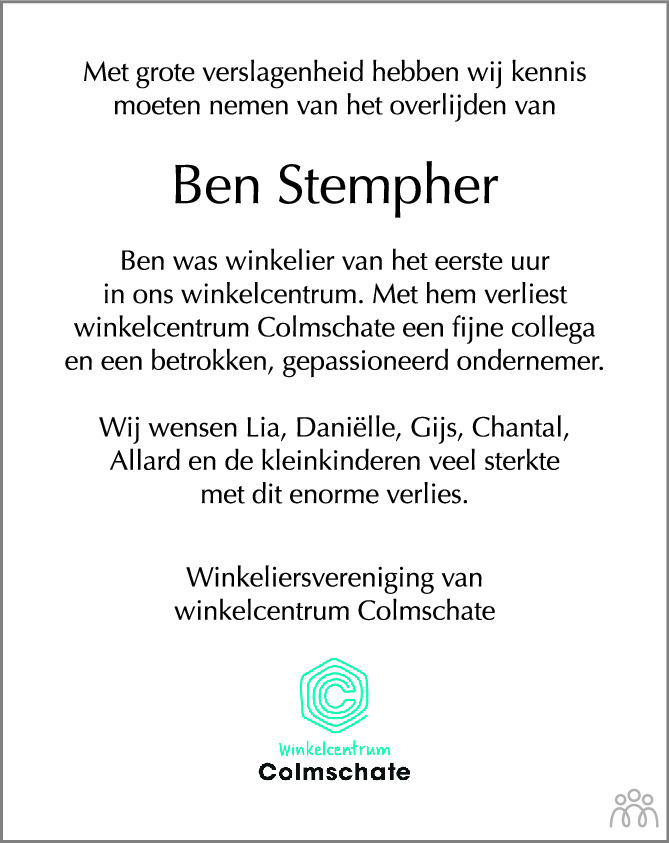 Ben Stempher 6 maart 2023 • overlijdensbericht en condoleances - Mensenlinq