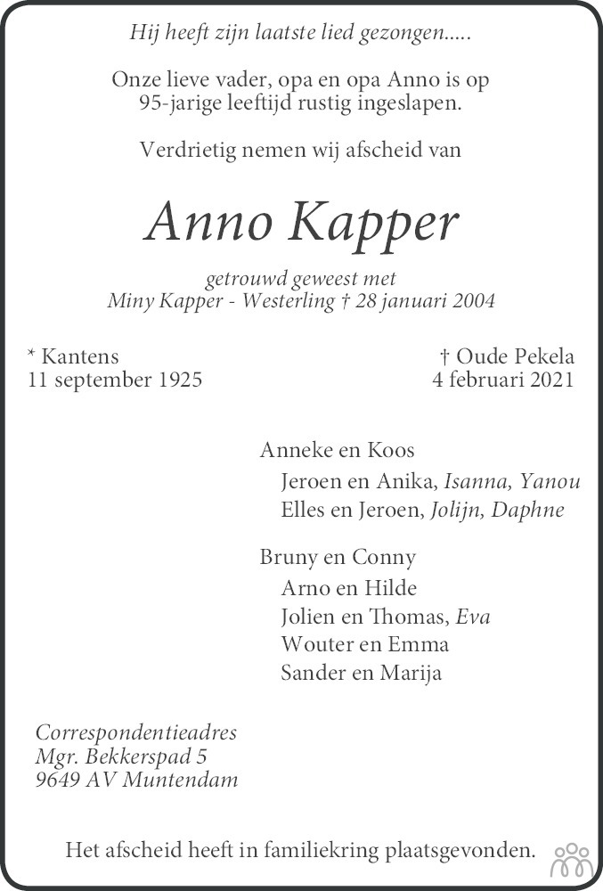 Anno Kapper 4 februari 2021 • overlijdensbericht en condoleances ...