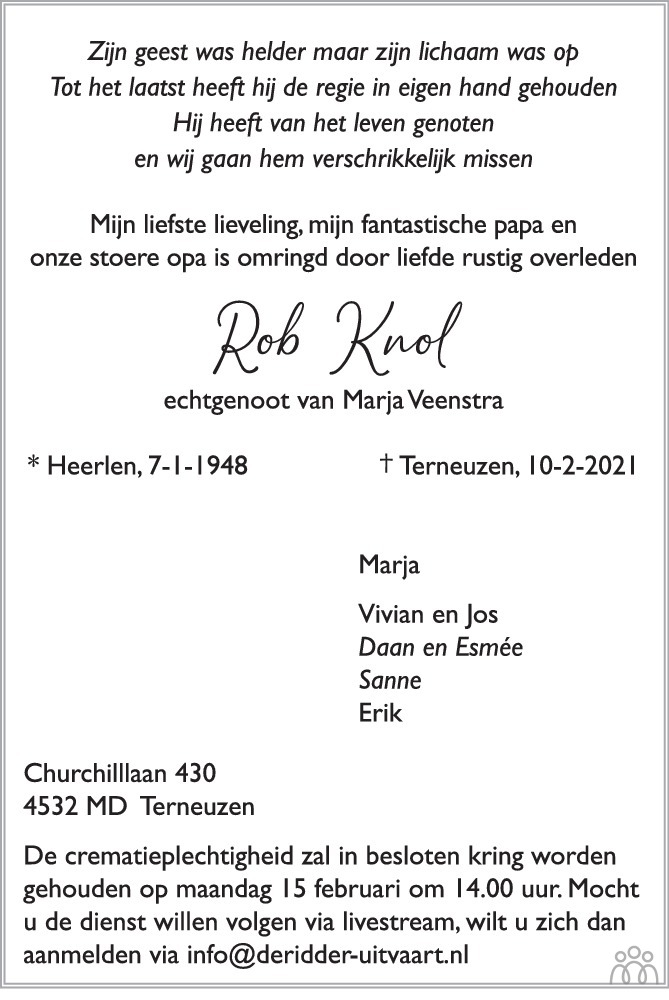 Rob Knol 10 februari 2021 • overlijdensbericht en condoleances - Mensenlinq