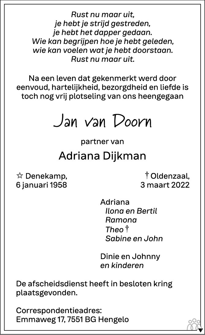 Jan van Doorn 3 maart 2022 • overlijdensbericht en condoleances ...