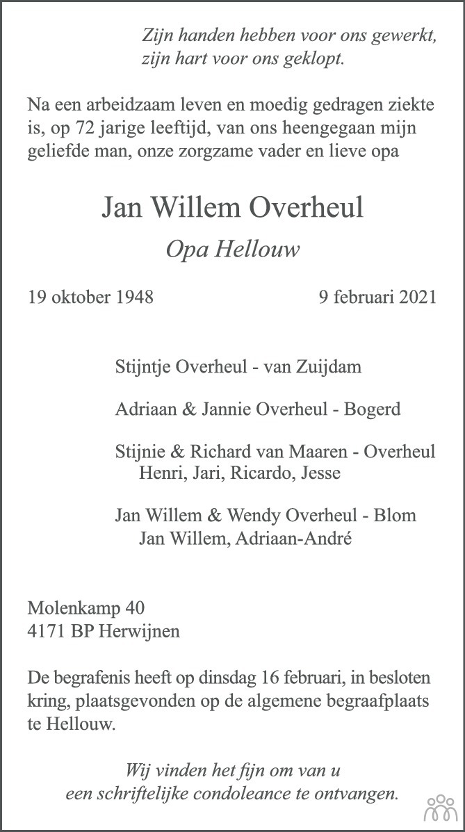 Jan Willem Overheul 9 februari 2021 • overlijdensbericht en ...