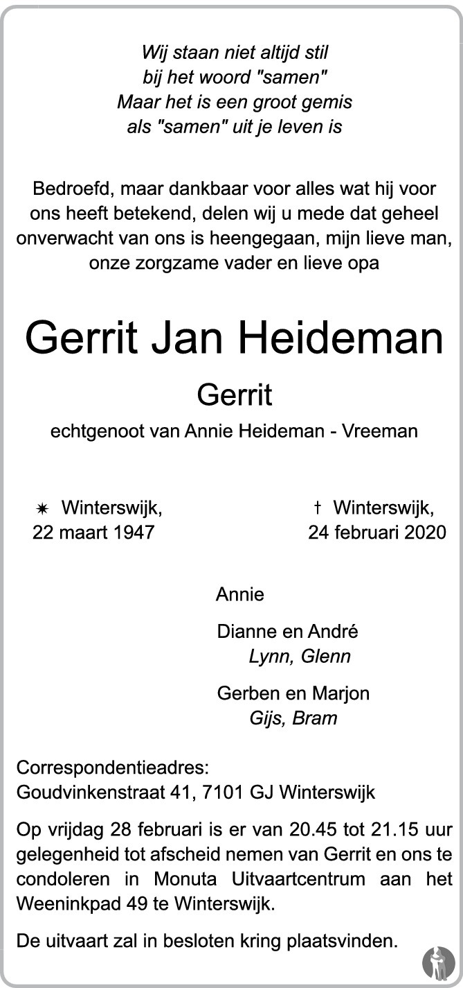 Gerrit Jan Heideman 24 februari 2020 • overlijdensbericht en ...