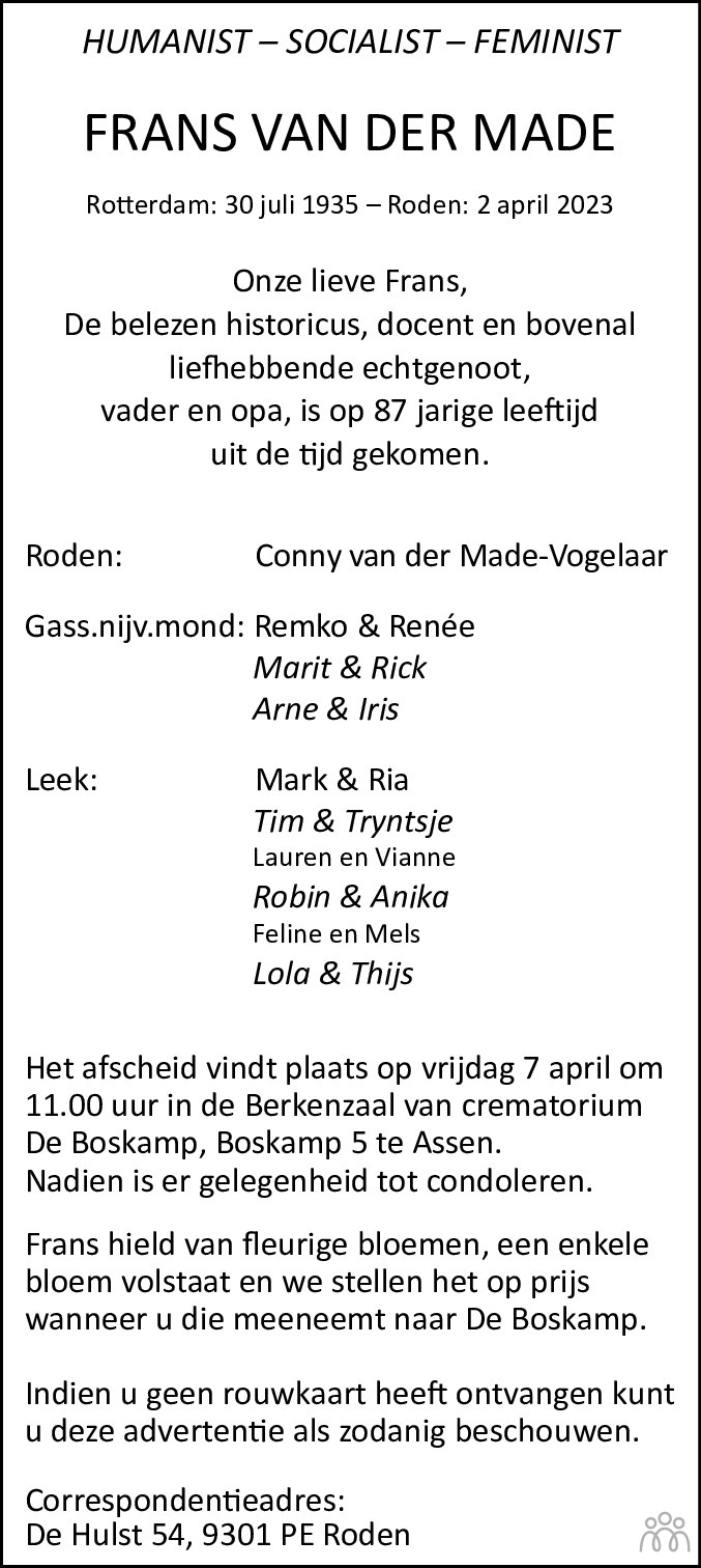 Frans van der Made 2 april 2023 • overlijdensbericht en condoleances ...