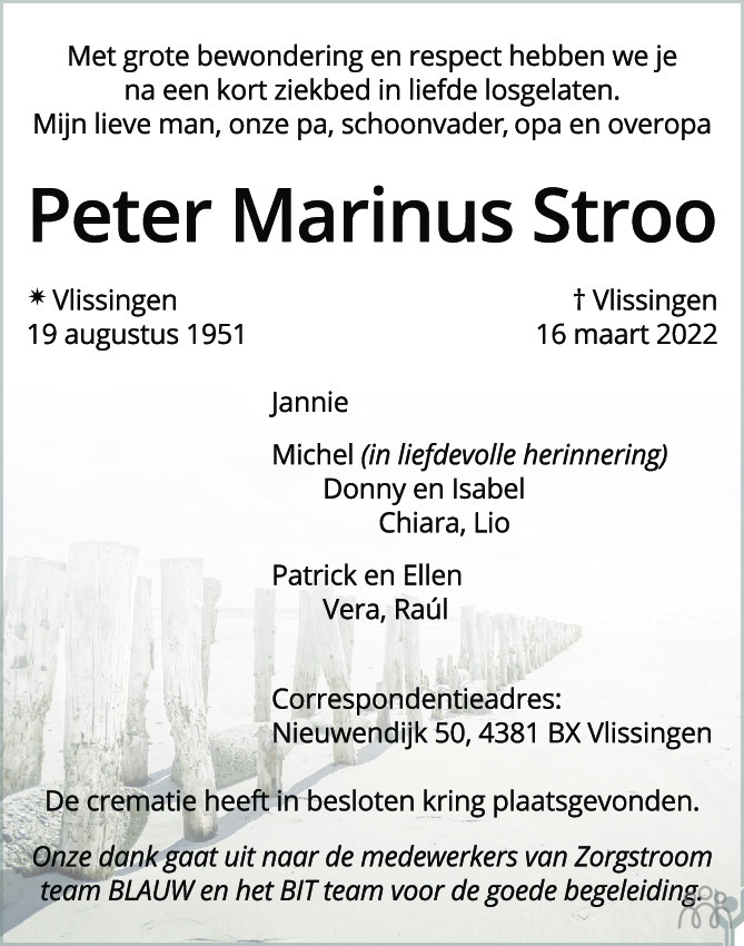 Peter Marinus Stroo 16 maart 2022 • overlijdensbericht en condoleances ...