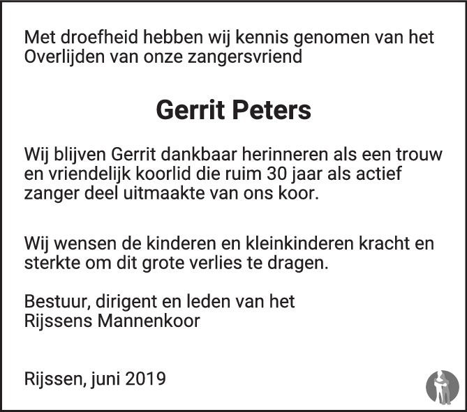 Gerrit Peters 15 juni 2019 • overlijdensbericht en condoleances ...