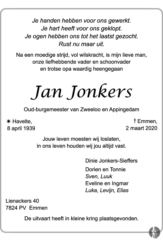 Jan Jonkers 2 maart 2020 • overlijdensbericht en condoleances - Mensenlinq