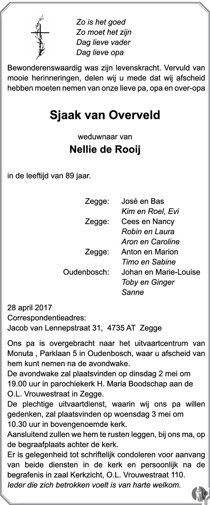 Sjaak van Overveld 28 april 2017 • overlijdensbericht en condoleances ...