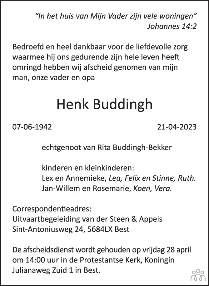 Henk Buddingh 21 april 2023 • overlijdensbericht en condoleances ...