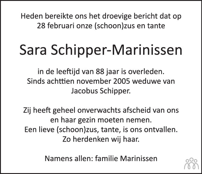 Sara Schipper-Marinissen 28 februari 2021 • overlijdensbericht en ...