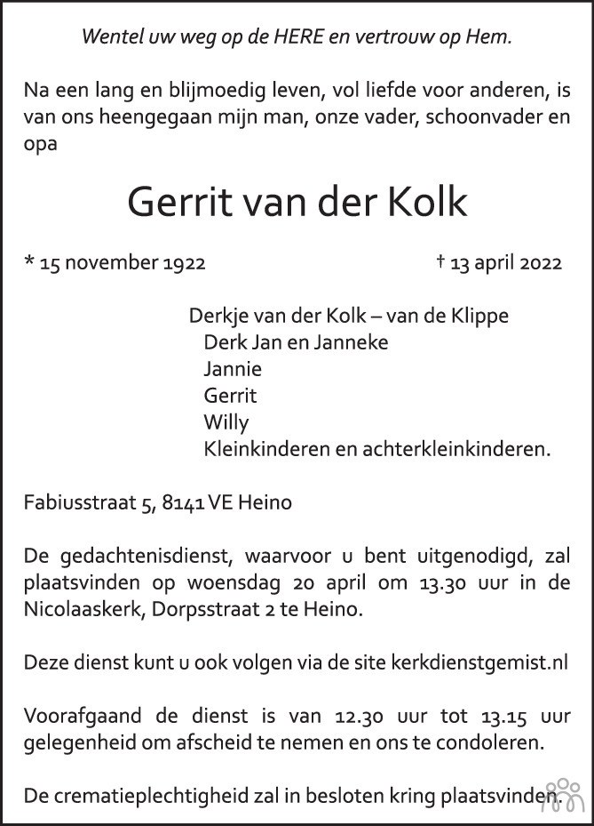 Gerrit van der Kolk 13 april 2022 • overlijdensbericht en condoleances ...