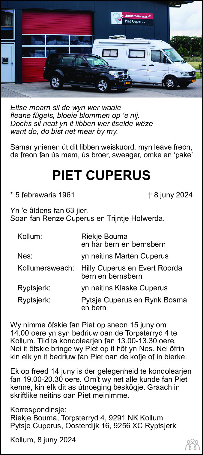 Piet Cuperus 8 juni 2024 • overlijdensbericht en condoleances - Mensenlinq
