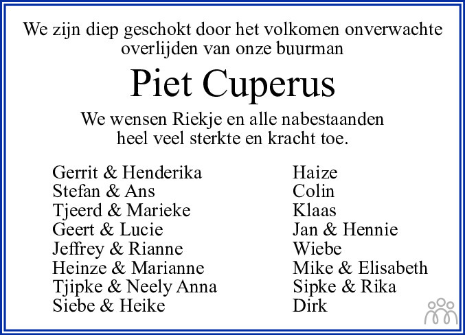 Piet Cuperus 8 juni 2024 • overlijdensbericht en condoleances - Mensenlinq