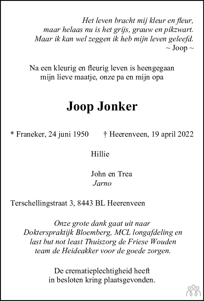 Joop Jonker 19 april 2022 • overlijdensbericht en condoleances - Mensenlinq