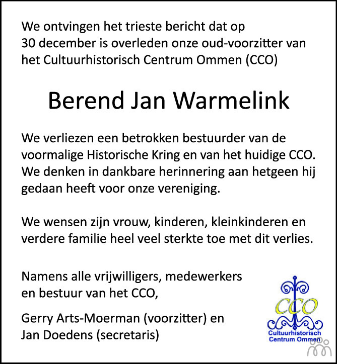 Berend Jan Warmelink 30 december 2023 • overlijdensbericht en ...
