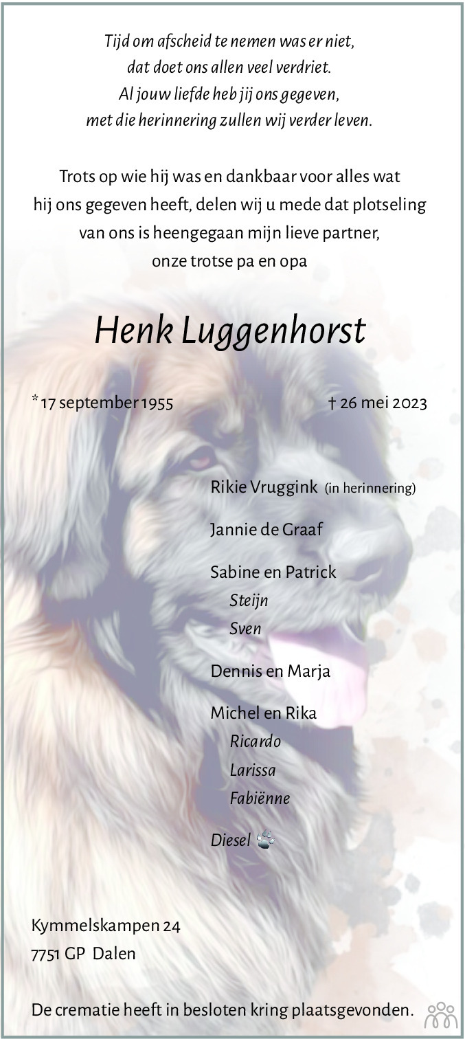 Henk Luggenhorst 26 mei 2023 • overlijdensbericht en condoleances ...