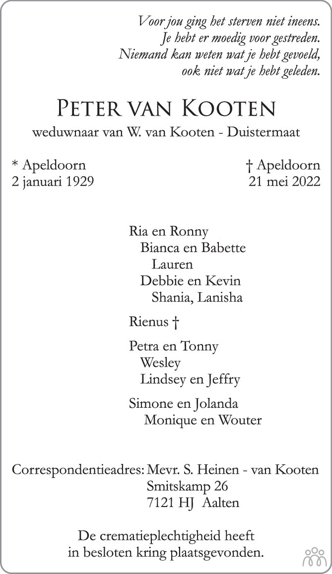 Peter van Kooten 21 mei 2022 • overlijdensbericht en condoleances - Mensenlinq