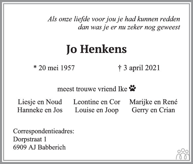 Jo Henkens 3 april 2021 • overlijdensbericht en condoleances - Mensenlinq