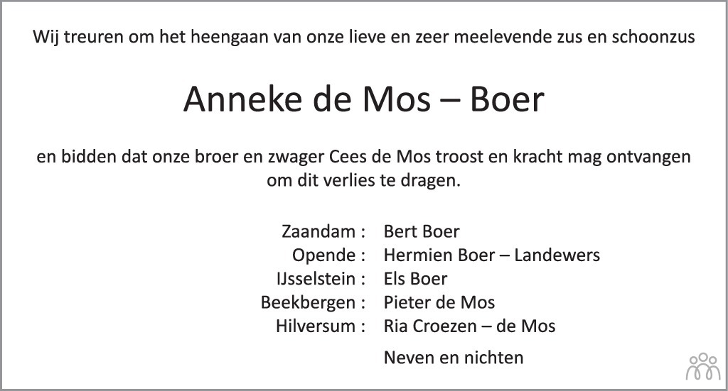 Anna Frederika (Anneke) de Mos-Boer 22 april 2021 • overlijdensbericht ...