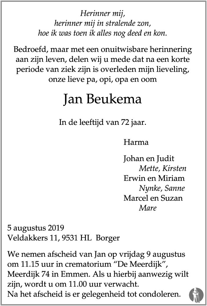 Jan Beukema 5 augustus 2019 • overlijdensbericht en condoleances ...