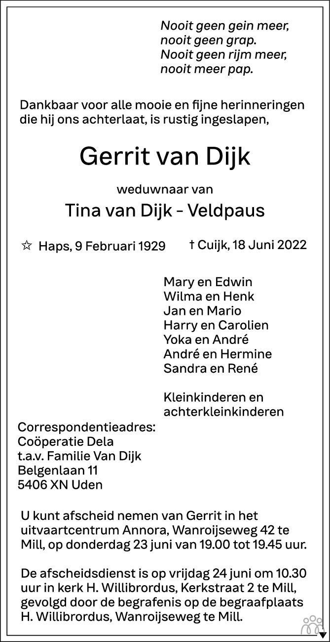 Gerrit van Dijk 18 juni 2022 • overlijdensbericht en condoleances ...