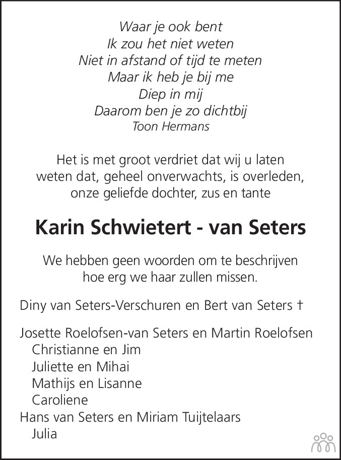Karin Schwietert-van Seters 10 mei 2021 • overlijdensbericht en ...