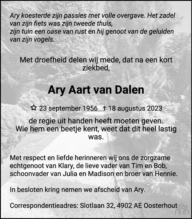 Ary van Dalen 18 augustus 2023 • overlijdensbericht en condoleances ...