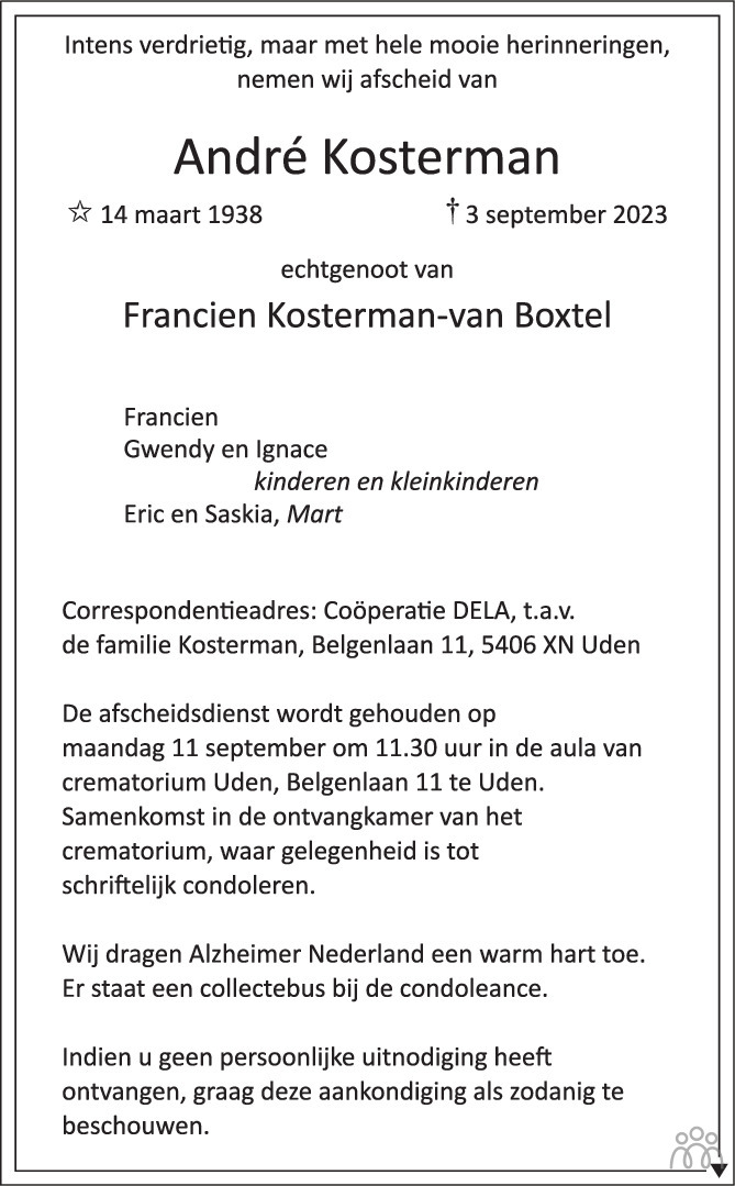 André Kosterman 3 september 2023 • overlijdensbericht en condoleances ...
