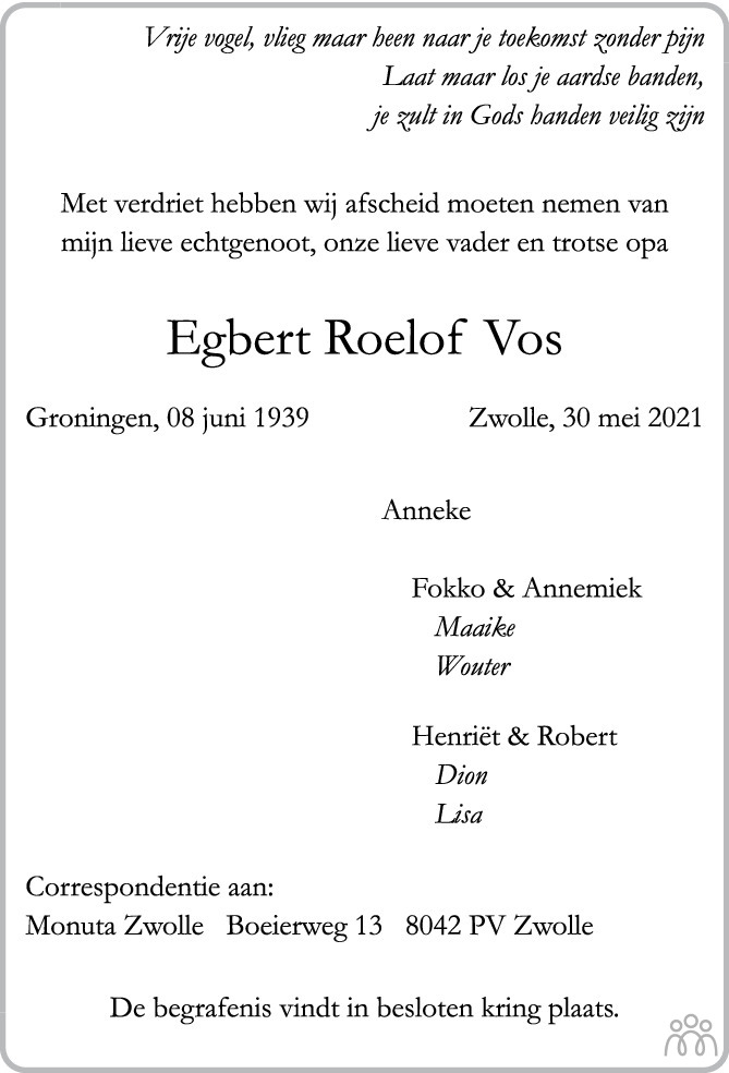 Egbert Roelof Vos 30 mei 2021 • overlijdensbericht en condoleances ...