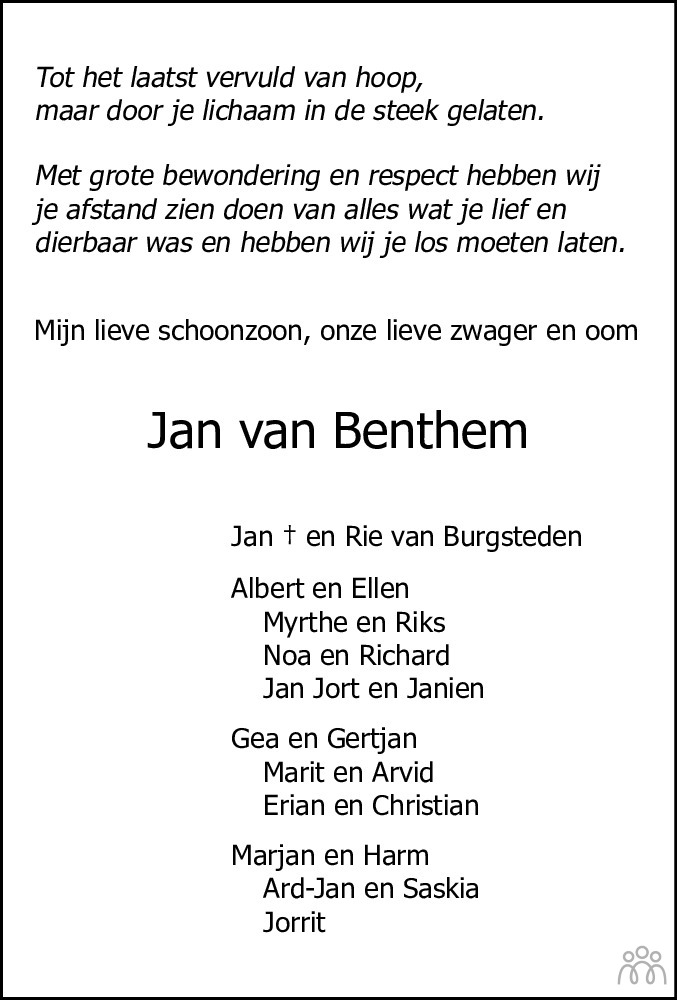 Jan van Benthem 2 oktober 2023 • overlijdensbericht en condoleances ...