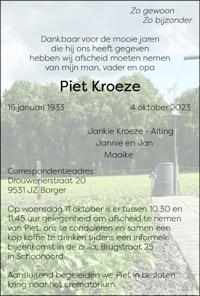 Piet Kroeze 4 oktober 2023 • overlijdensbericht en condoleances ...