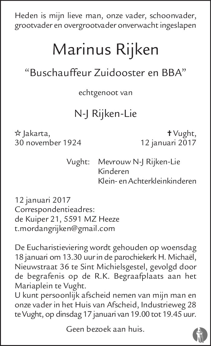 Marinus Rijken 12 januari 2017 • overlijdensbericht en condoleances ...