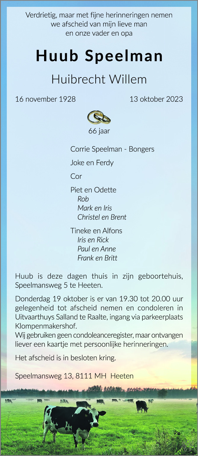 Huub (Huibrecht Willem) Speelman 13 oktober 2023 • overlijdensbericht ...