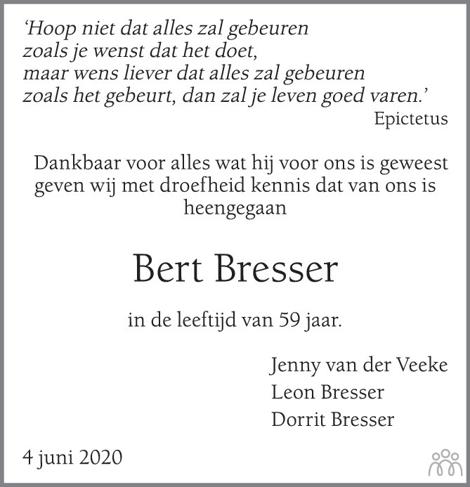 Bert Bresser 4 juni 2020 • overlijdensbericht en condoleances - Mensenlinq