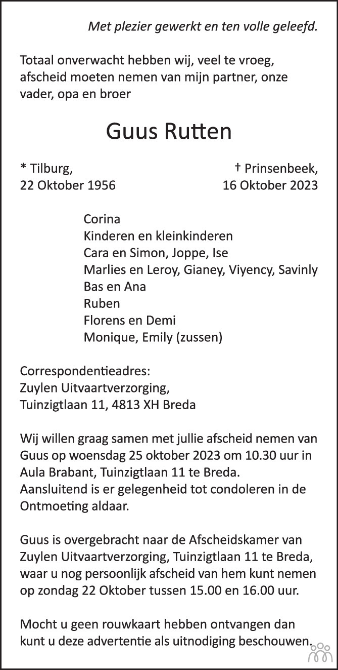 Guus Rutten 16 oktober 2023 • overlijdensbericht en condoleances ...