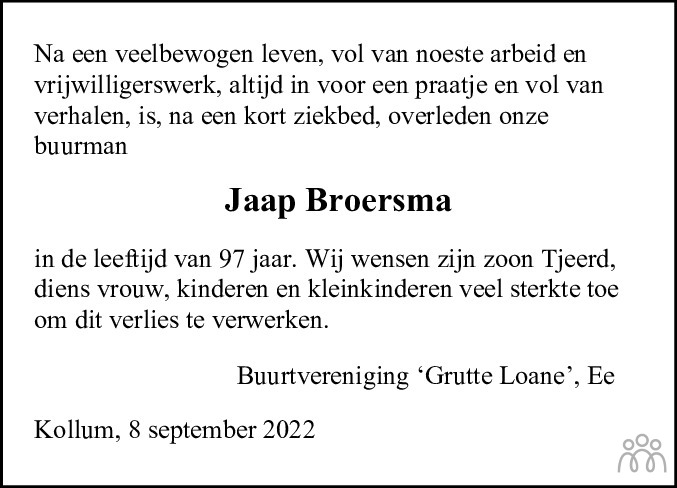 Jaap Broersma 8 september 2022 • overlijdensbericht en condoleances ...