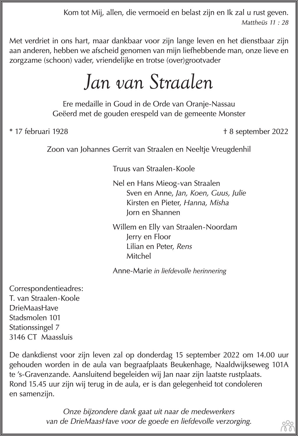 Jan van Straalen 8 september 2022 • overlijdensbericht en condoleances - Mensenlinq